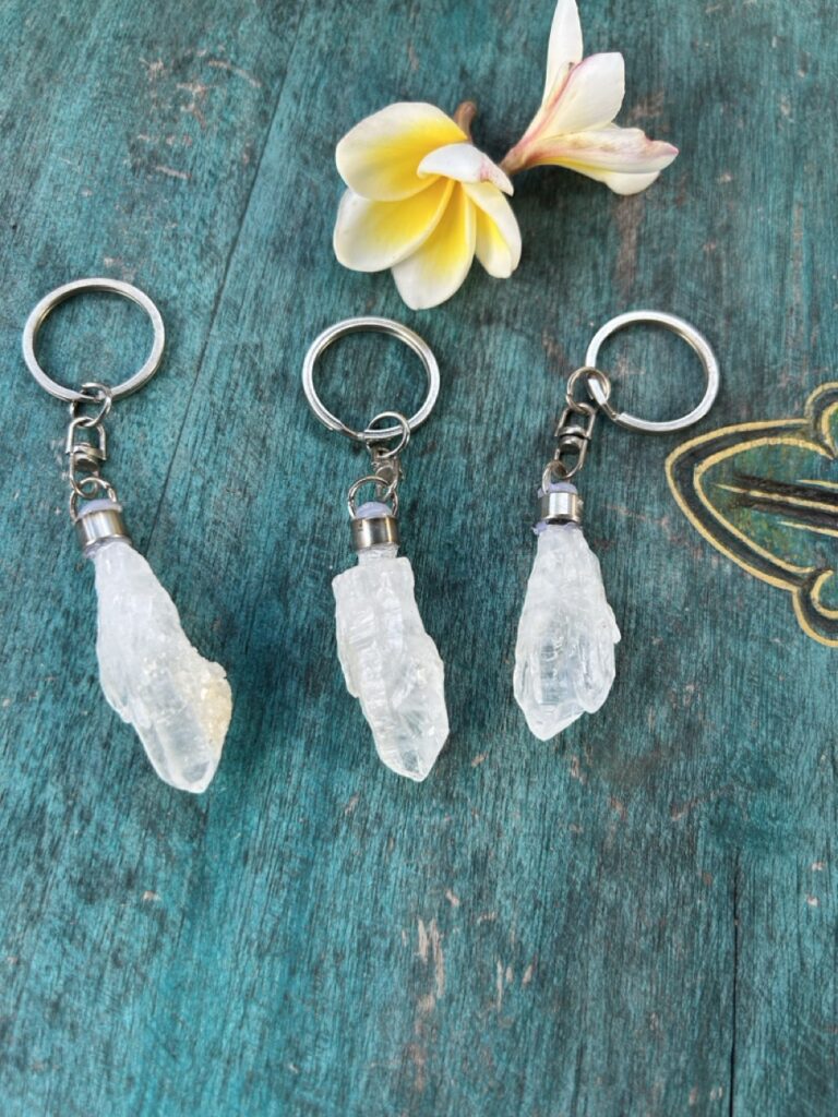 Clear quartz crystal key rings – Mineral Love